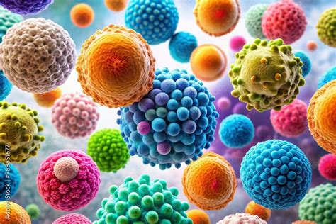 Microscopic View Of Stem Cells Differentiating Into Various Cell Types With Vibrant Colors And