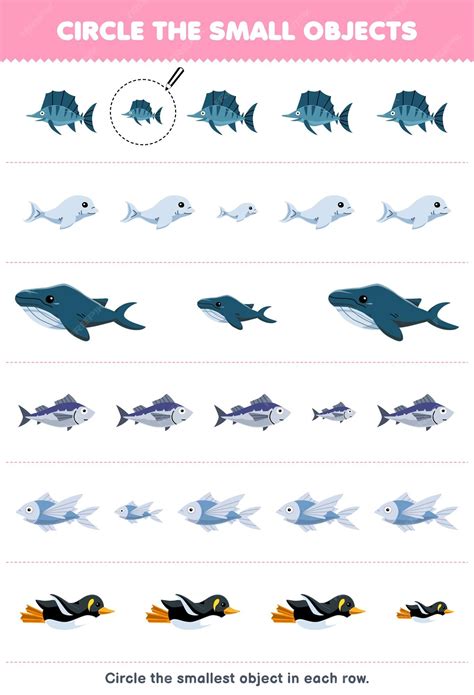 어린이를 위한 교육 게임은 귀여운 만화 물고기 벨루가 고래 펭귄 인쇄 가능한 수중 워크시트의 각 행에서 가장 작은 물체에 동그라미를 칩니다 프리미엄 벡터