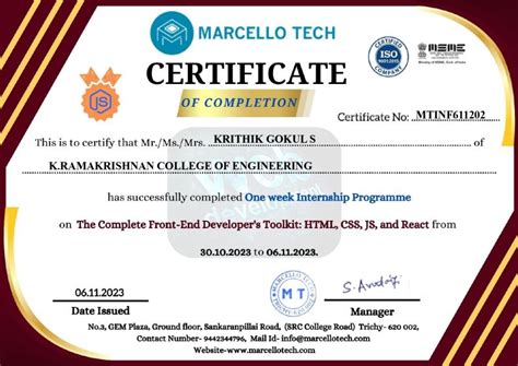 Krithik Gokul S On Linkedin Ive Finished My Internship At Marcello