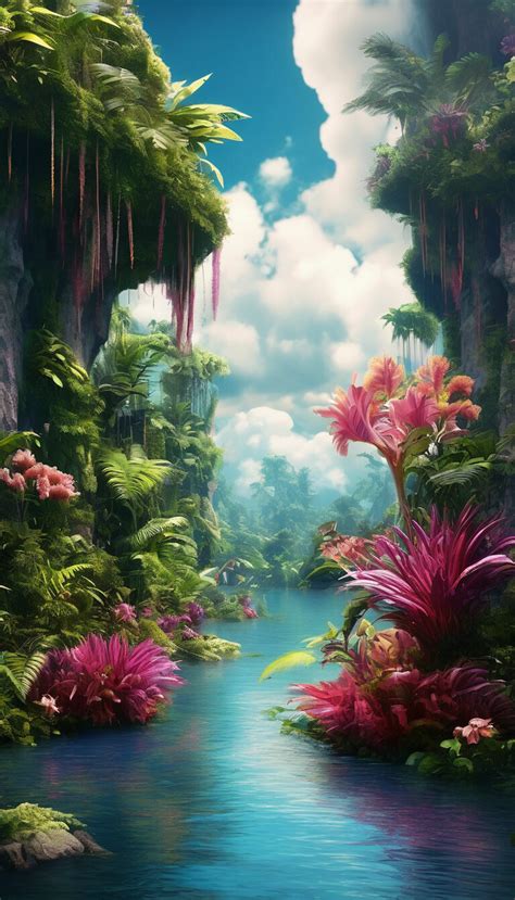 Unusual Jungle On The Riverbank Clouds Bizarre Flowers And Plants