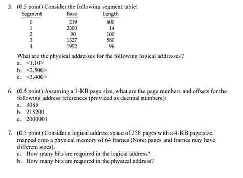 Solved 5 05 Point Consider The Following Segment Table