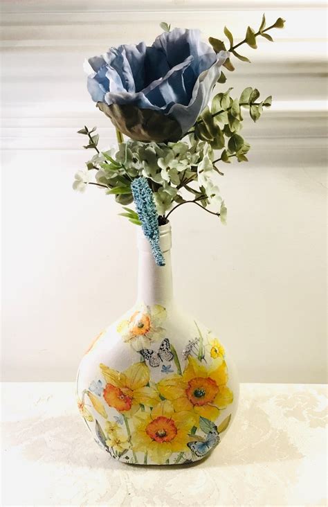 Daffodil Vase Decoupaged Glass Bottle Shabby Chic Decor Upcycled Etsy