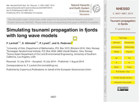 Pdf Tsunami Propagation In Fjords Nhess · Tsunami Propagation In Fjords F Løvholt Et Al