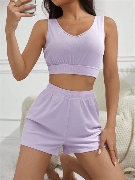Ladies Ribbed Backless Tank Top And Shorts Home Clothes Set Shein Usa