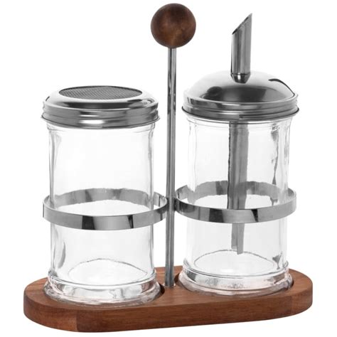 Sucrier et saupoudreuse en verre et métal avec support en bois d acacia