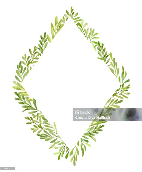 수채화 녹색 은 마름모 모양 프레임을 떠난다 흰색 배경에 고립 된 티 트리 식물과 손으로 그린 기하학적 템플릿 초대 카드 날짜 결혼식 인쇄를 위해 그린 허브 0명에 대한