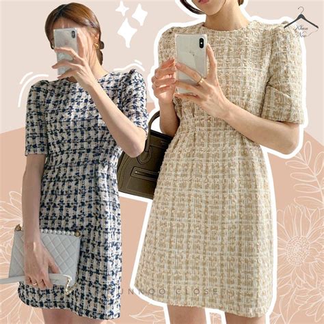 Kn 1152 พร้อมส่ง ชุดเดรสสั้น ผ้าทวิต Shopee Thailand