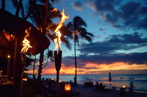 Tiki Beach Luau Party At Hawaii Sunset With Fire Torches Hawaiian Icon