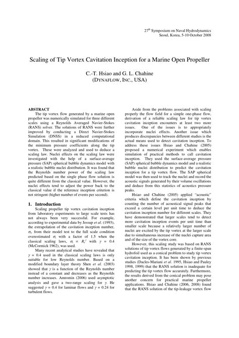 Pdf Scaling Of Tip Vortex Cavitation Inception For A Marine Open