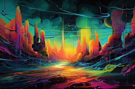 Luminous Abstract Landscape Of Cascading Neon Colors Evoking A Futuristic And Otherworldly
