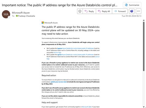 the public ip address range for the azure databricks control plane will