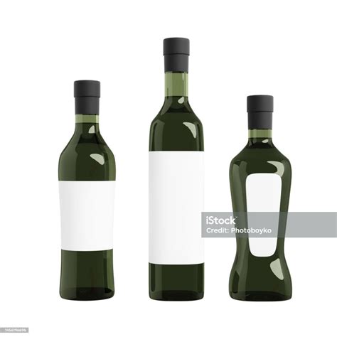 다양한 모양의 빈 흰색 Lables가 있는 녹색 유리 병 3d 렌더링 격리된 배경에서 식물성 기름 바이알 요리 모형 디자인 병에
