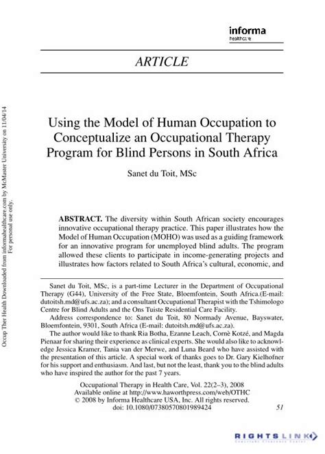 Pdf Using The Model Of Human Occupation To Conceptualize An Occupational Therapy Program For