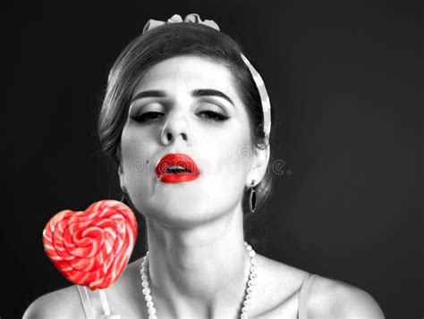 Woman Eating Lollipops Girl In Pin Up Style Hold Striped Candy Stock