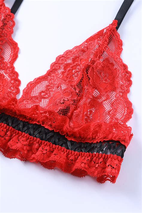 Red Sheer Lace Contrast Black Trim Lingerie Set Orro Shop