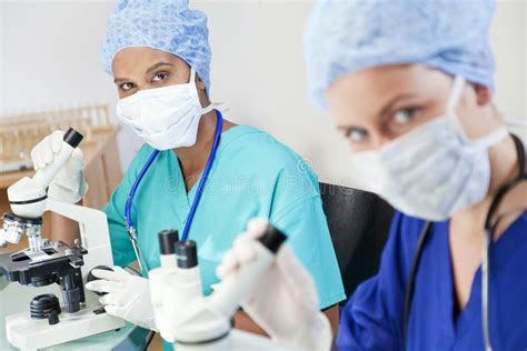 Female Scientific Research Team Using Microscopes Stock Image Image Of Blond Research 10664263
