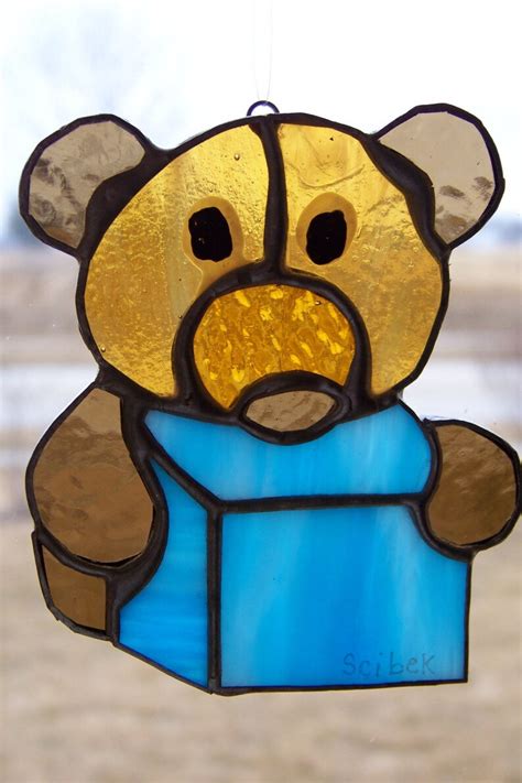 Stained Glass Teddy Bear Holding T Etsy
