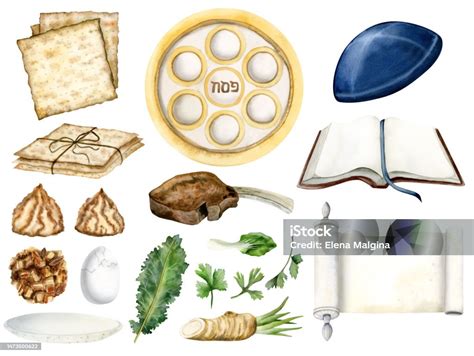 수채화 삽화의 유월절 요소 세트 유대인 유월절 세더 음식 학가다 두루마리 토라 책 맛자 유대교에 대한 스톡 벡터 아트 및 기타