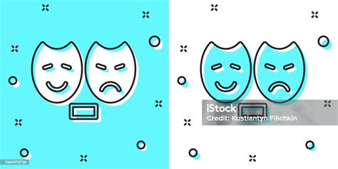 블랙 라인 코미디와 비극 연극 마스크 아이콘 녹색과 흰색 배경에 고립 임의동적 모양 벡터 Theatrical Performance에 대한 스톡 벡터 아트 및 기타 이미지