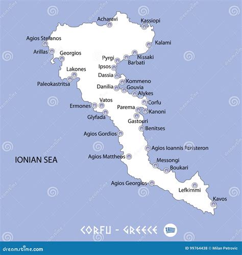 Island Of Corfu In Greece White Map And Blue Background Illustration
