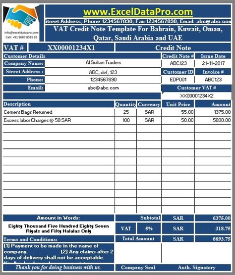 Download Vat Credit Note Template For Bahrain Kuwait Oman Qatar Saudi Arabia And Uae