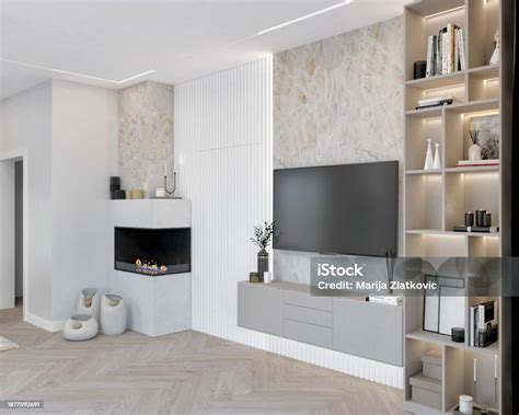 우아하고 고급스러운 인테리어 개방형 거실 야간 조명 대리석 Tv 벽 책장 벽난로가 있는 3d 렌더링 일러스트레이션 밝은 색상의 아파트 디자인 벽난로에 대한 스톡 사진 및