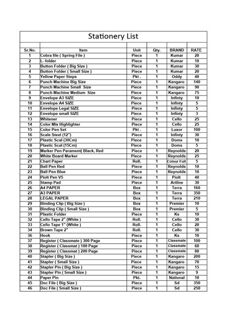 Stationery List Pdf Stationery Office Equipment