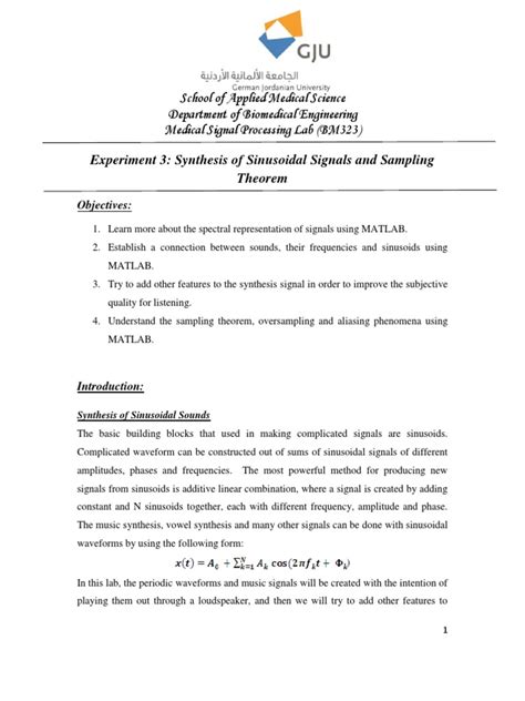 Lab 3 Synthesis Of Sinusoidal Signals And Sampling Theorem Pdf