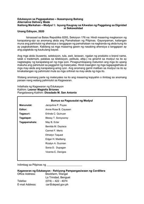 SOLUTION Esp10 Q4 M1 Isyung Kaugnay Sa Kawalan Ng Paggalang Sa Dignidad At Sekswalidad Studypool