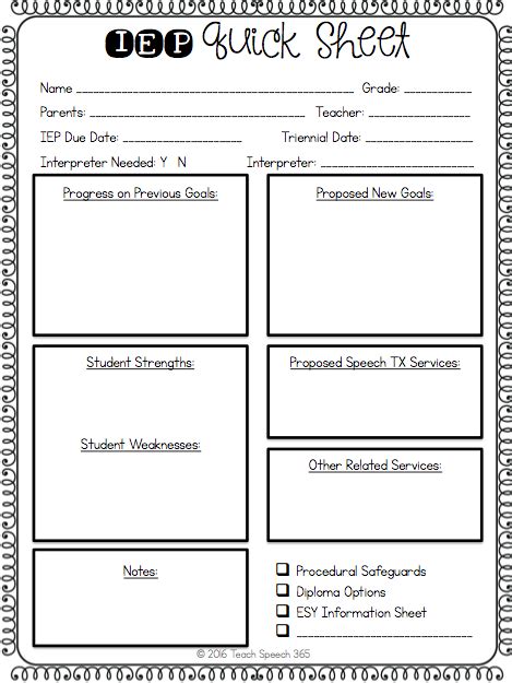 IEP Quick Sheet Freebie Teach Speech