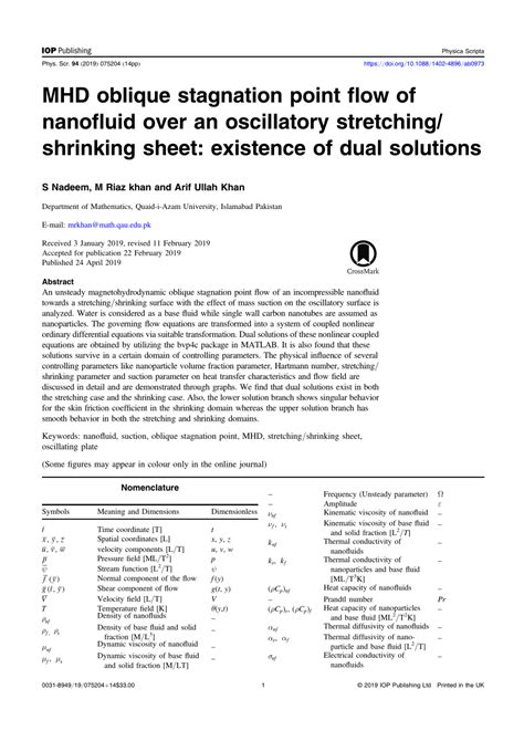 Mhd Oblique Stagnation Point Flow Of Nanofluid Over An Oscillatory Stretchingshrinking Sheet