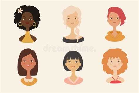 Set Of Women Avatar Icons White Black Asian Woman Portraits Stock