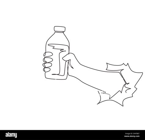 Single One Line Drawing Hand Holding Fresh Milk On Bottle Glass
