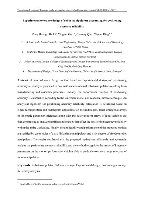 Pdf Experimental Tolerance Design Of Robot Manipulators Accounting