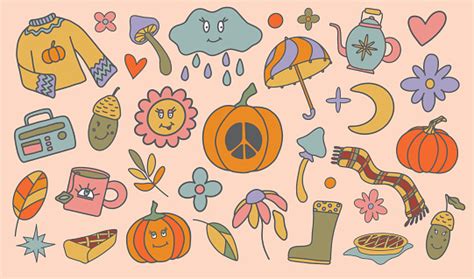 그루비 가을 벡터 세트 트렌디한 긍정적인 히피 가을 그림 손으로 그린 복고풍 구름 눈과 미소가 있는 꽃 버섯 호박 음소거된 분홍색 배경에 히피 스웨터 향수를 불러일으키는
