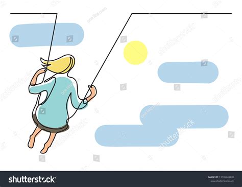 Continuous Line Drawing Girl Swinging On Stock Vector Royalty Free