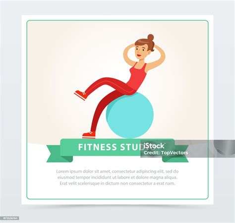 Fitball 웹사이트 또는 모바일 응용 프로그램에 대 한 피트 니스 스튜디오 배너 평면 벡터 요소에 운동 하는 젊은 여자