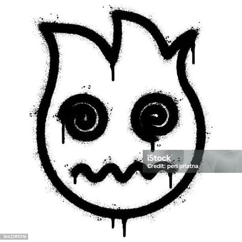 그래피티 이모티콘은 하얀 배경으로 고립된 무서운 아픈 얼굴이다 그래피티 파이어 이모티콘은 흰색 위에 검은색으로 스프레이를 뿌립니다 벡터 그림입니다 개념에 대한 스톡 벡터