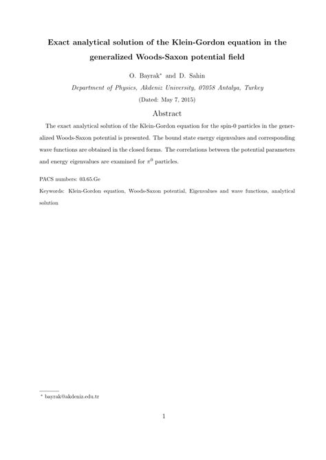 Pdf Exact Analytical Solution Of The Kleingordon Equation In The Generalized Woodssaxon