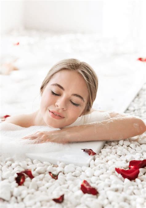 Close Up Of Peaceful Girl Enjoying Foamy Bath Stock Image Image Of