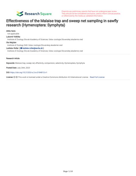 Pdf Effectiveness Of The Malaise Trap And Sweep Net Sampling In