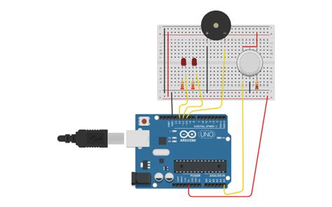 circuit design give alert buzzer and led using gas sensor tinkercad