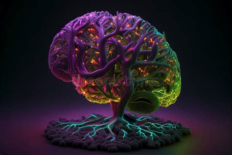 Neon Brain On A Black Background Created With Generative Ai Technology