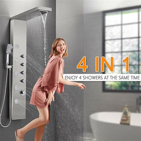 Brushed Nickel Black Shower Panel Waterfall Rain Shower Faucet Set Spa