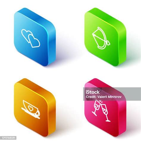 아이소메트릭 라인 하트 활과 화살표 커피 컵 하트와 유리 샴페인 아이콘을 설정합니다 벡터 3차원 형태에 대한 스톡 벡터 아트 및 기타 이미지 Istock