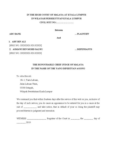 Writ Sample Of Writ IN THE HIGH COURT OF MALAYA AT KUALA LUMPUR IN WILAYAH PERSEKUTUAN KUALA