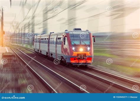 Passenger Diesel Train Travels By Rail Motion Blur Effect Stock Image