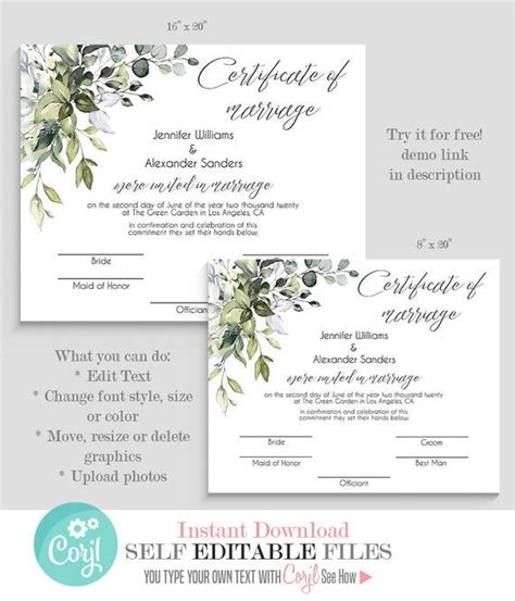 Greenery Wedding Certificate Printable Instant Download Editable Template Edit With Corjl
