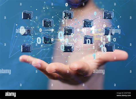 3D Rendering Of Digital Folders With Binary Codes Floating On Hand