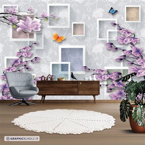 پوستر دیواری با طرح پس زمینه پترن گلدار ، باکس های مربعی و شاخه با شکوفه های صورتی گرافیکی و پروانه